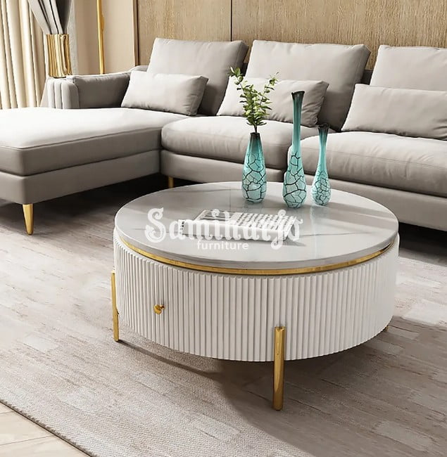Coffee Table Putih Bulat Stip Modern Gold Stainless Steel