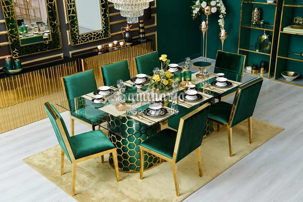 Meja Makan Stainless Gold Cutting Hexagon Elegan