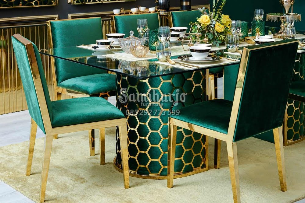 Meja Makan Stainless Gold Cutting Hexagon Elegan
