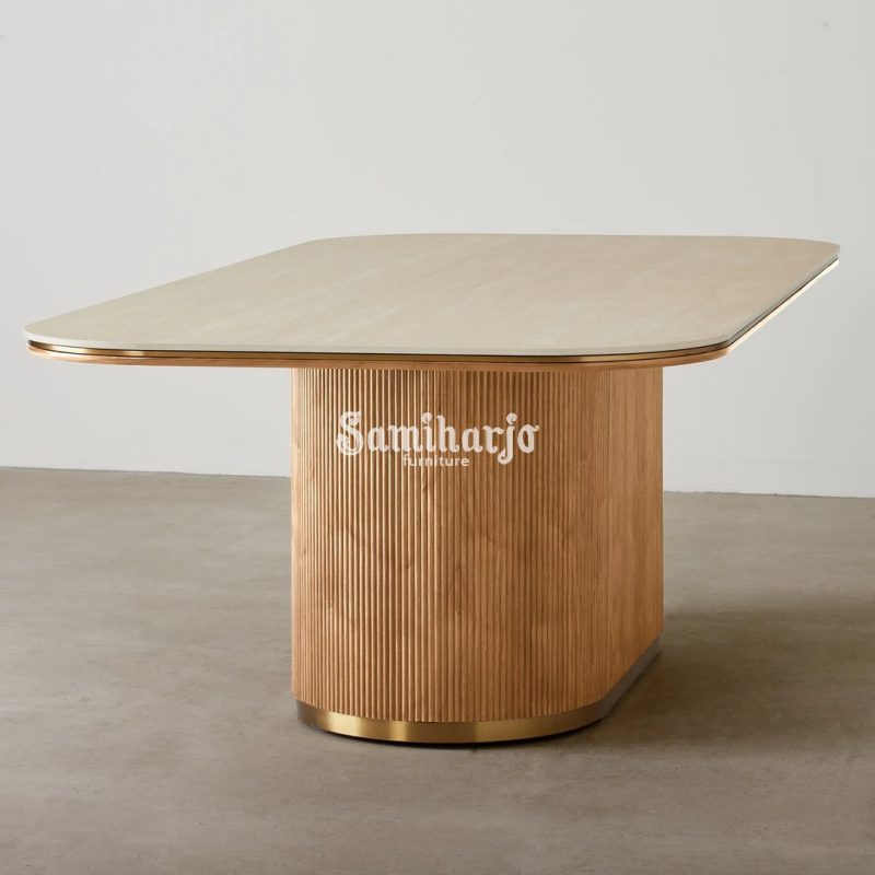 Meja Makan Modern San Pierre Travertine Oval Kontemporer