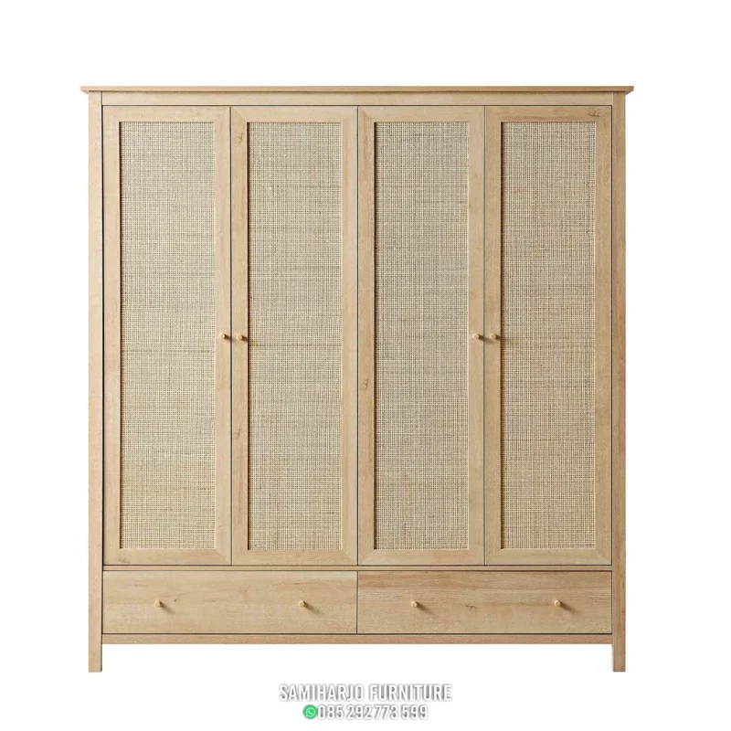 Lemari Pakain Rotan Panel Vertikal Empat Pintu Classic Kayu Solid Luas